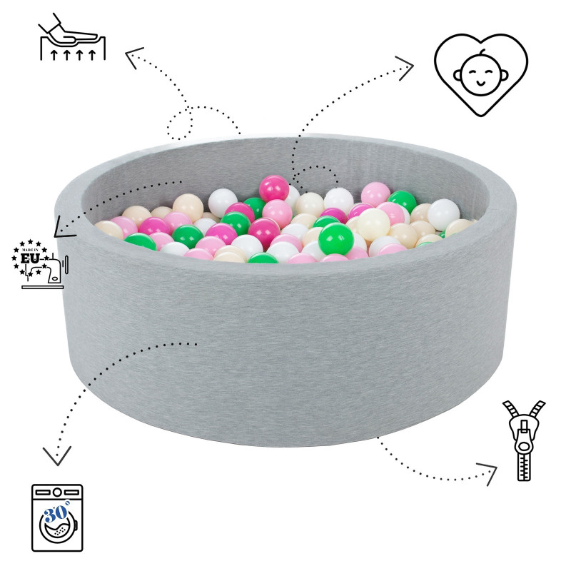 Large round grey ball pit +1200 balls Balls colours black,white,pink, grey